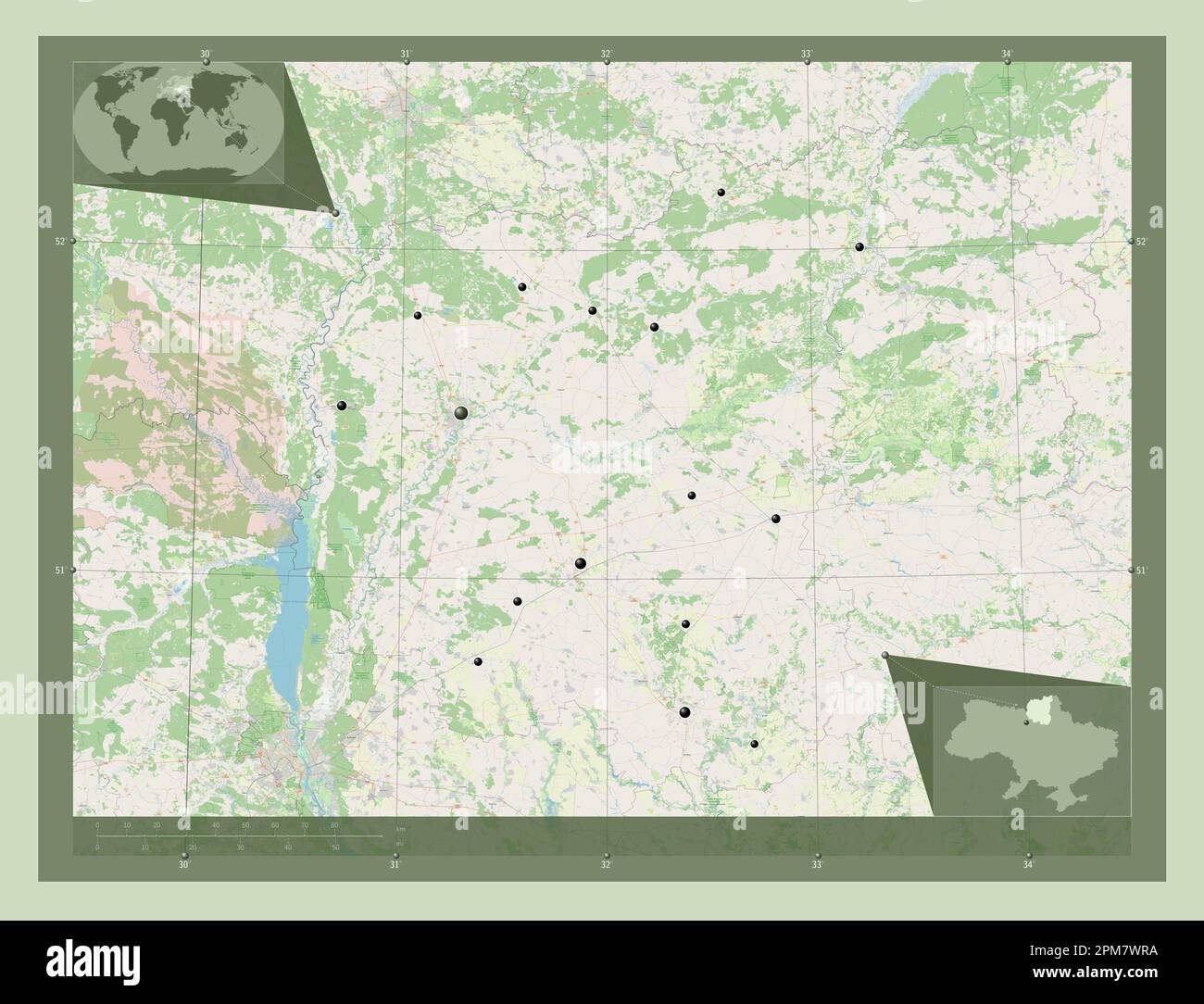 Chernihiv, region of Ukraine. Open Street Map. Locations of major ...