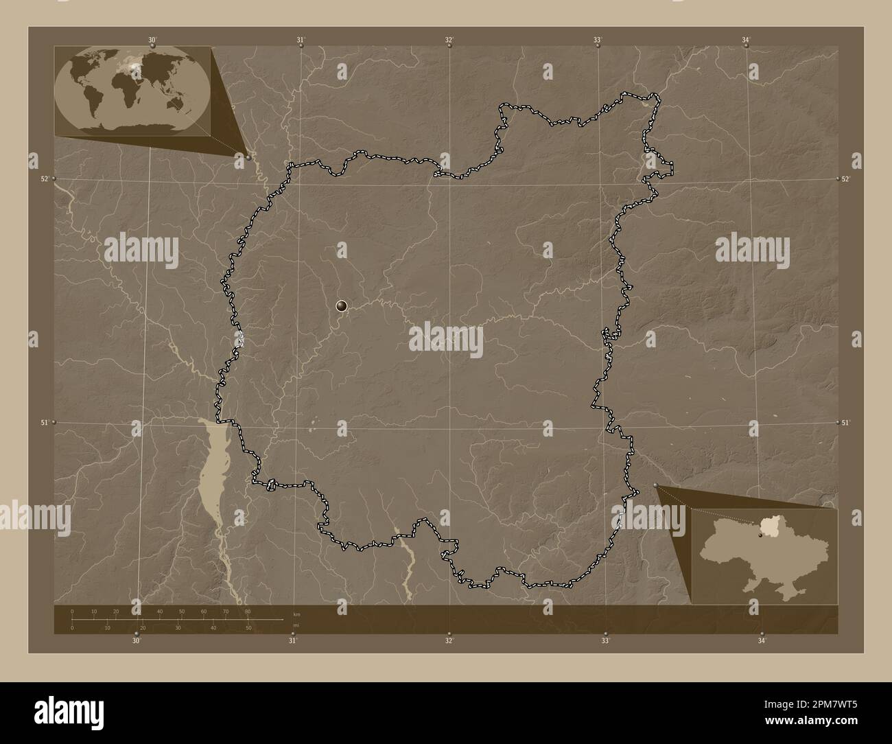 Chernihiv, region of Ukraine. Elevation map colored in sepia tones with ...