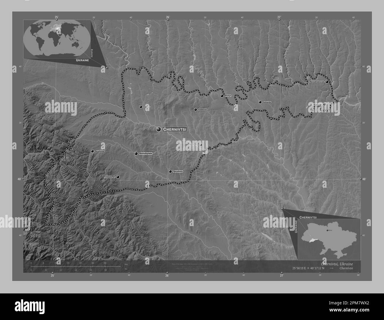 Chernivtsi, region of Ukraine. Grayscale elevation map with lakes and ...