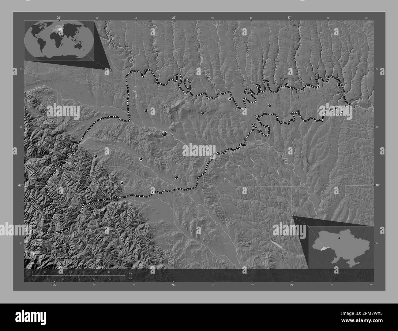 Chernivtsi, region of Ukraine. Bilevel elevation map with lakes and ...