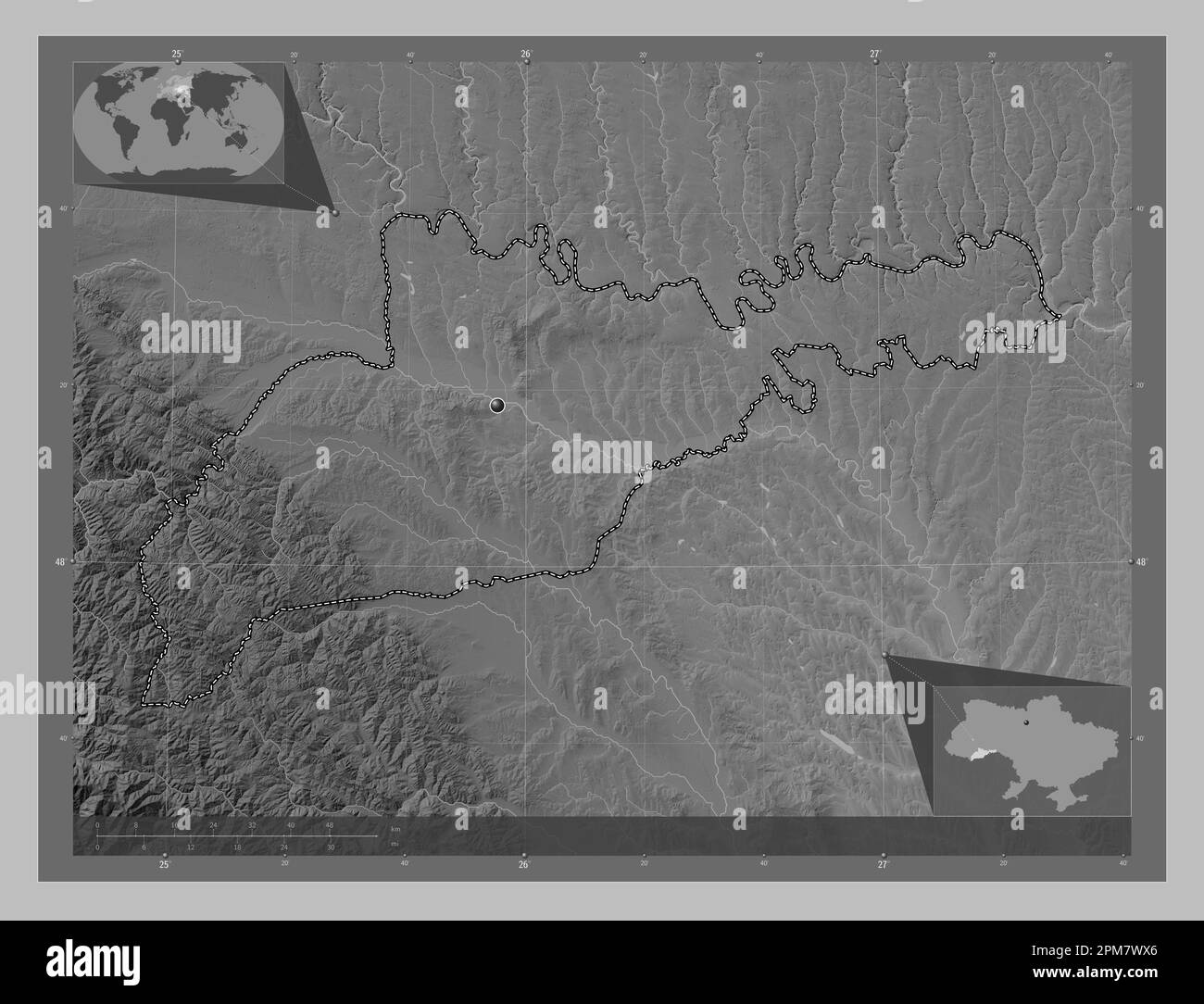 Chernivtsi, region of Ukraine. Grayscale elevation map with lakes and ...