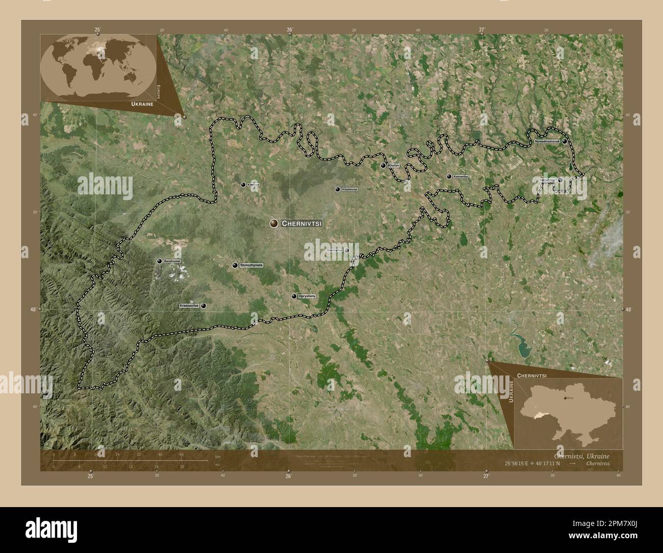 Chernivtsi, region of Ukraine. Low resolution satellite map. Locations ...
