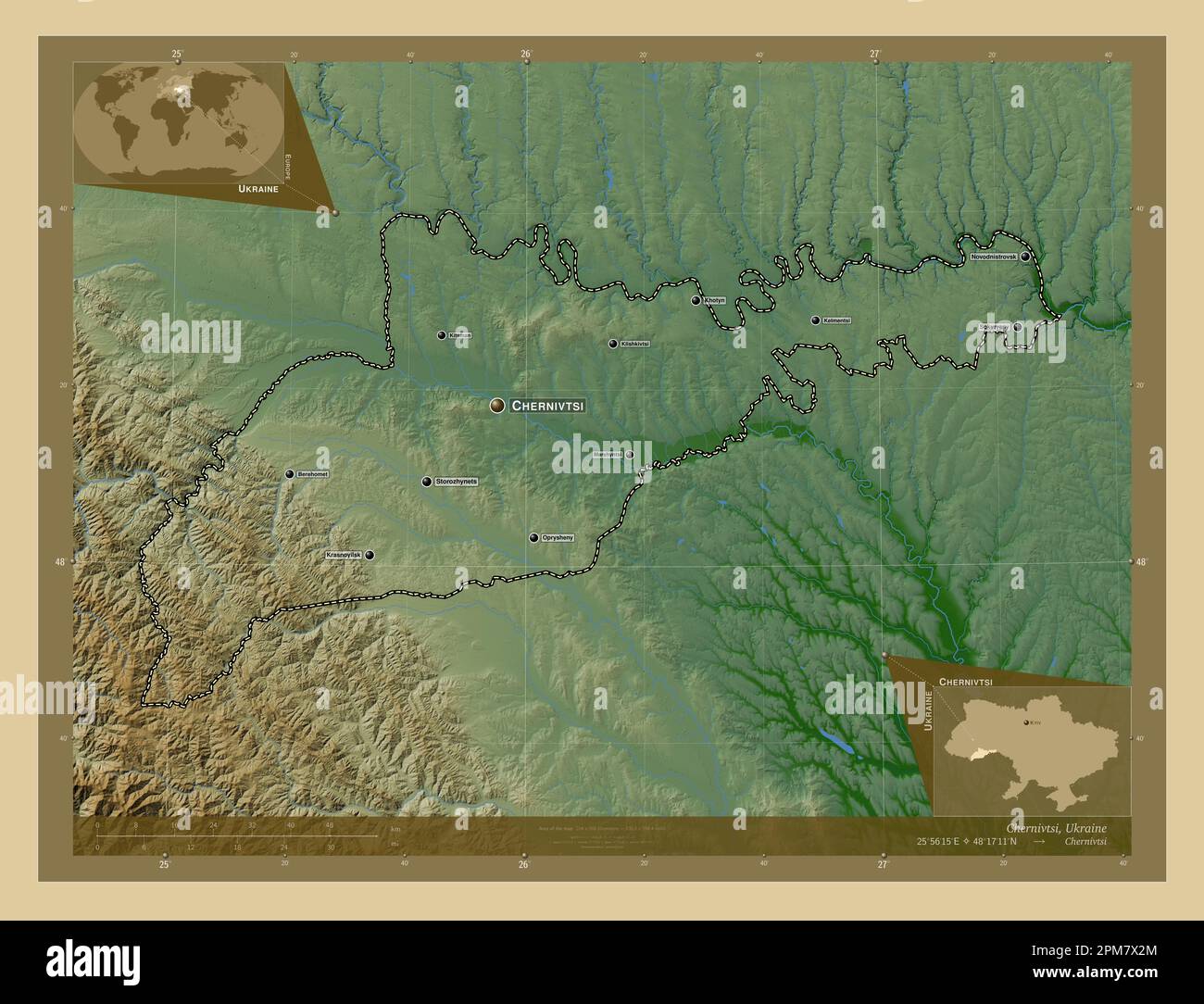 Chernivtsi, region of Ukraine. Colored elevation map with lakes and ...