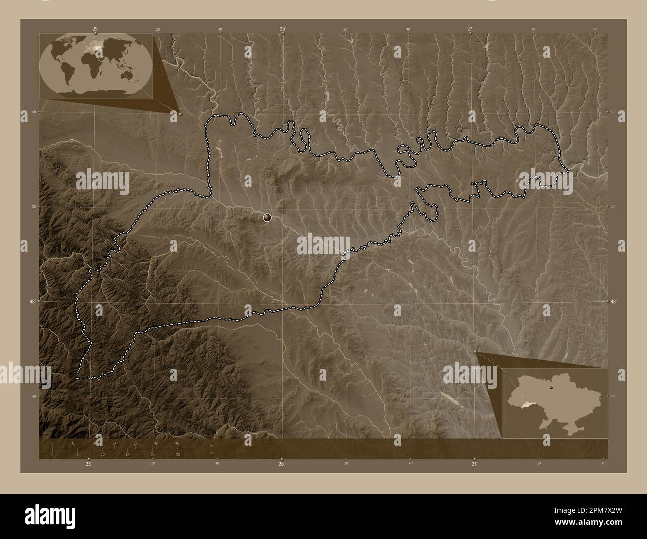 Chernivtsi, region of Ukraine. Elevation map colored in sepia tones ...