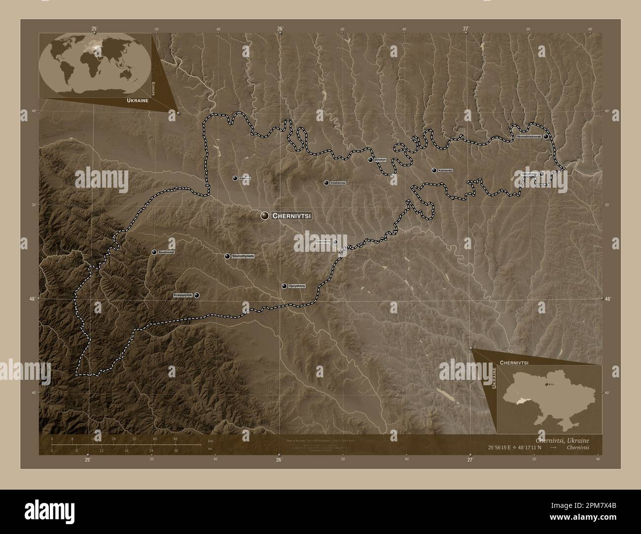 Chernivtsi, region of Ukraine. Elevation map colored in sepia tones ...