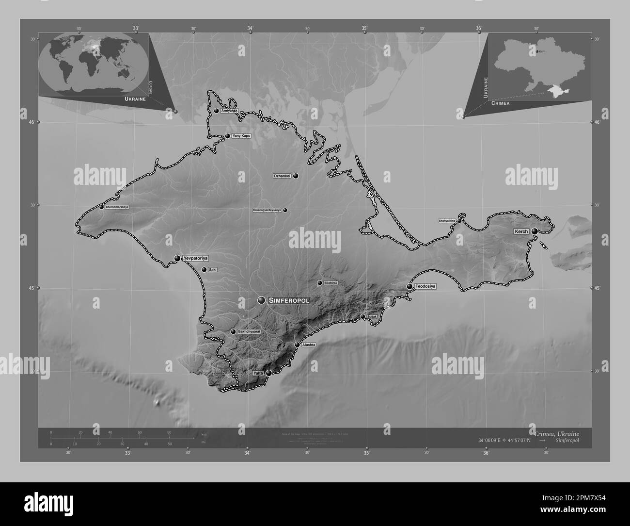 Crimea, autonomous republic of Ukraine. Grayscale elevation map with ...