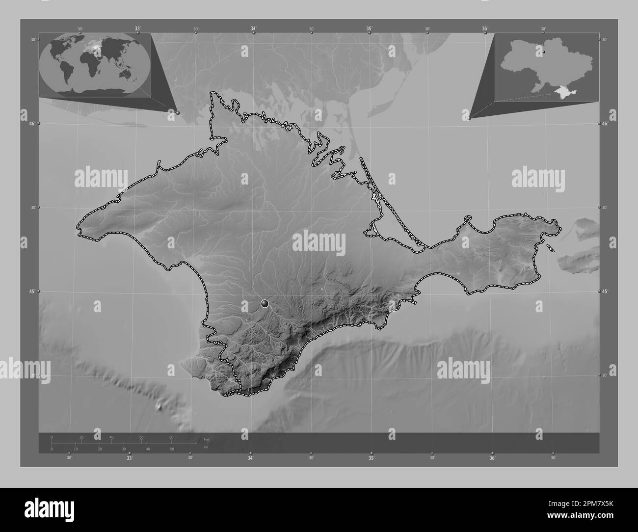 Crimea, autonomous republic of Ukraine. Grayscale elevation map with ...