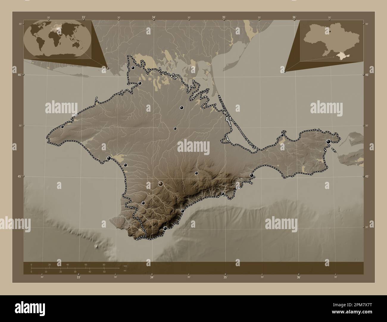 Crimea, autonomous republic of Ukraine. Elevation map colored in sepia ...