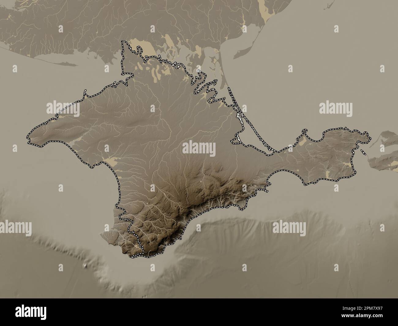 Crimea, autonomous republic of Ukraine. Elevation map colored in sepia ...
