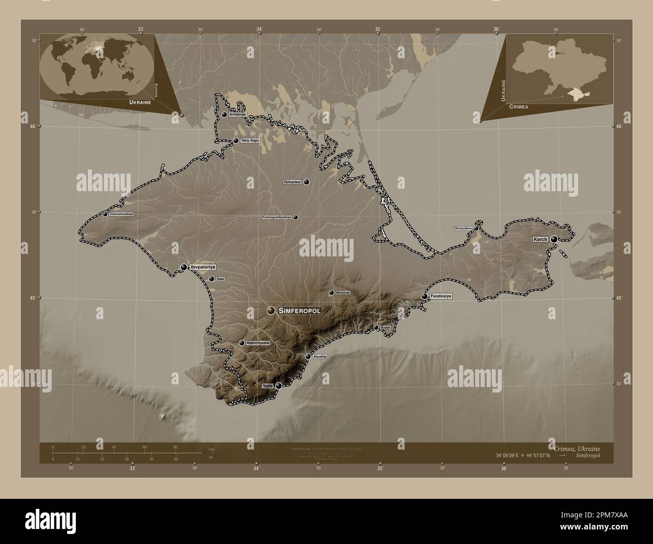 Crimea, autonomous republic of Ukraine. Elevation map colored in sepia ...