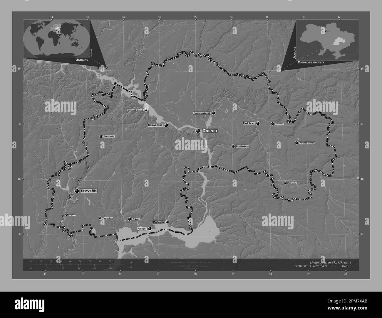Dnipropetrovs'k, region of Ukraine. Bilevel elevation map with lakes ...