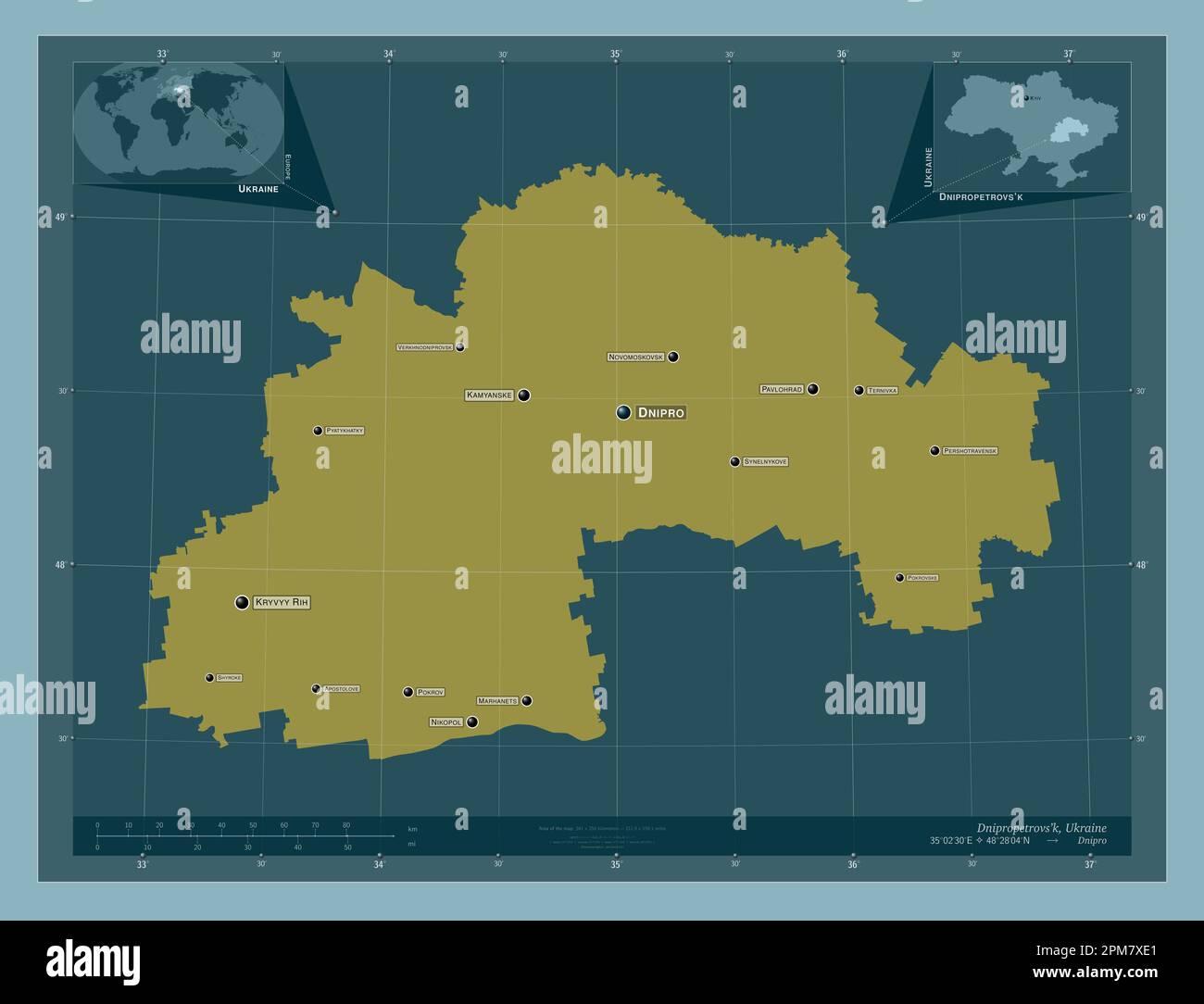 Dnipropetrovs'k, region of Ukraine. Solid color shape. Locations and ...