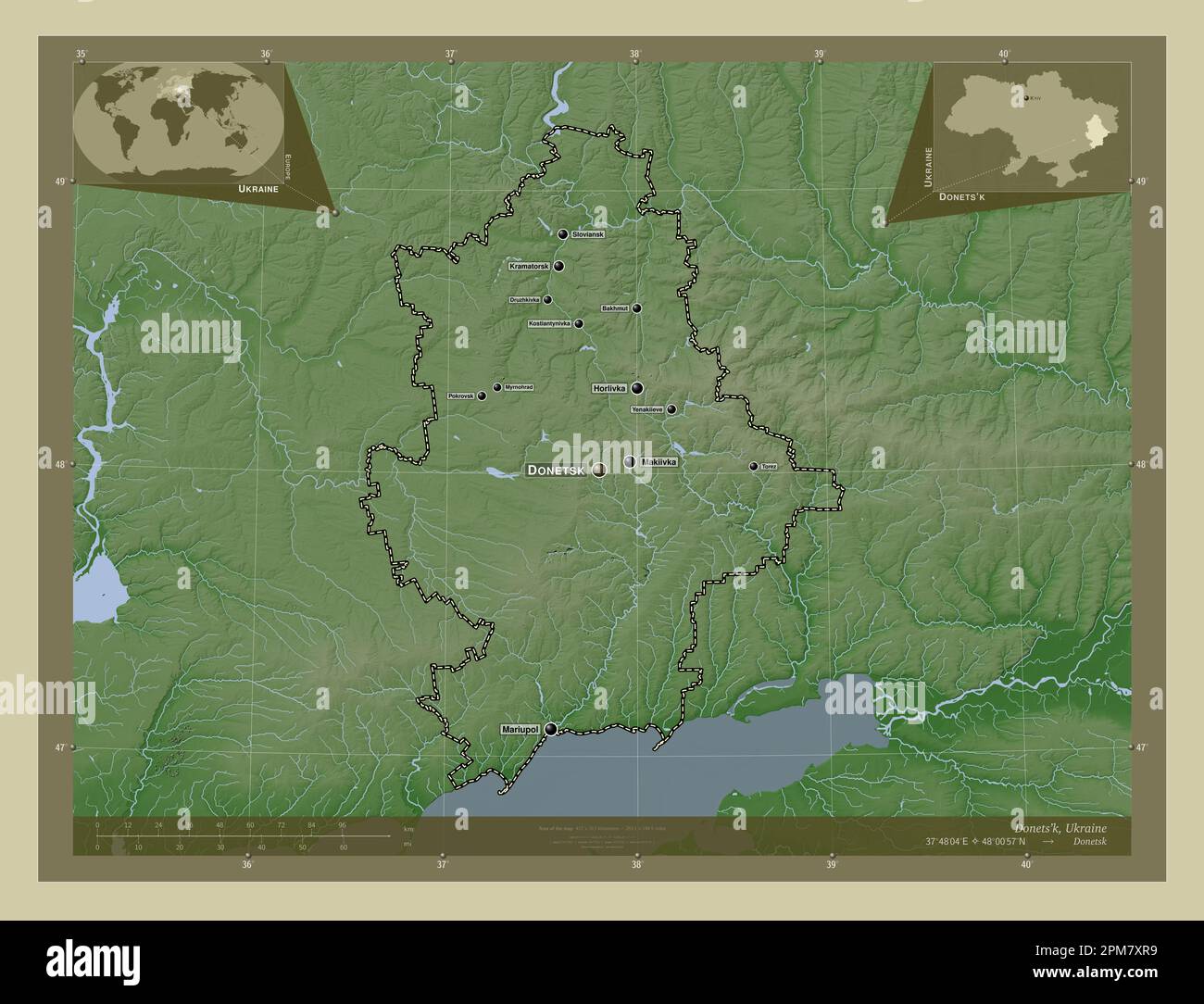 Donets'k, region of Ukraine. Elevation map colored in wiki style with ...