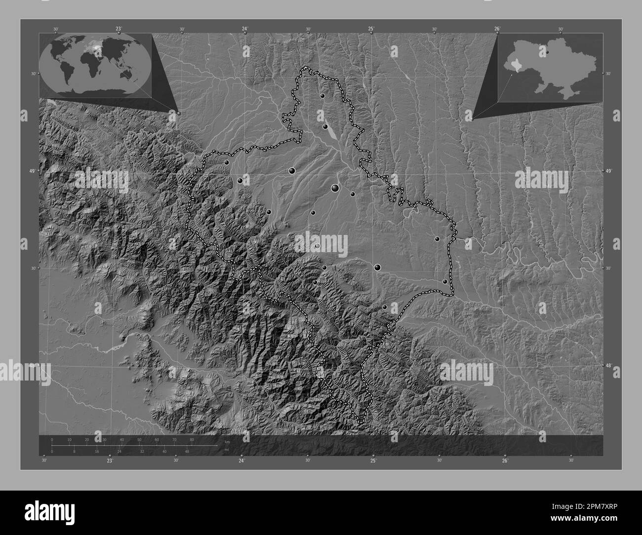 Ivano-Frankivs'k, region of Ukraine. Bilevel elevation map with lakes ...