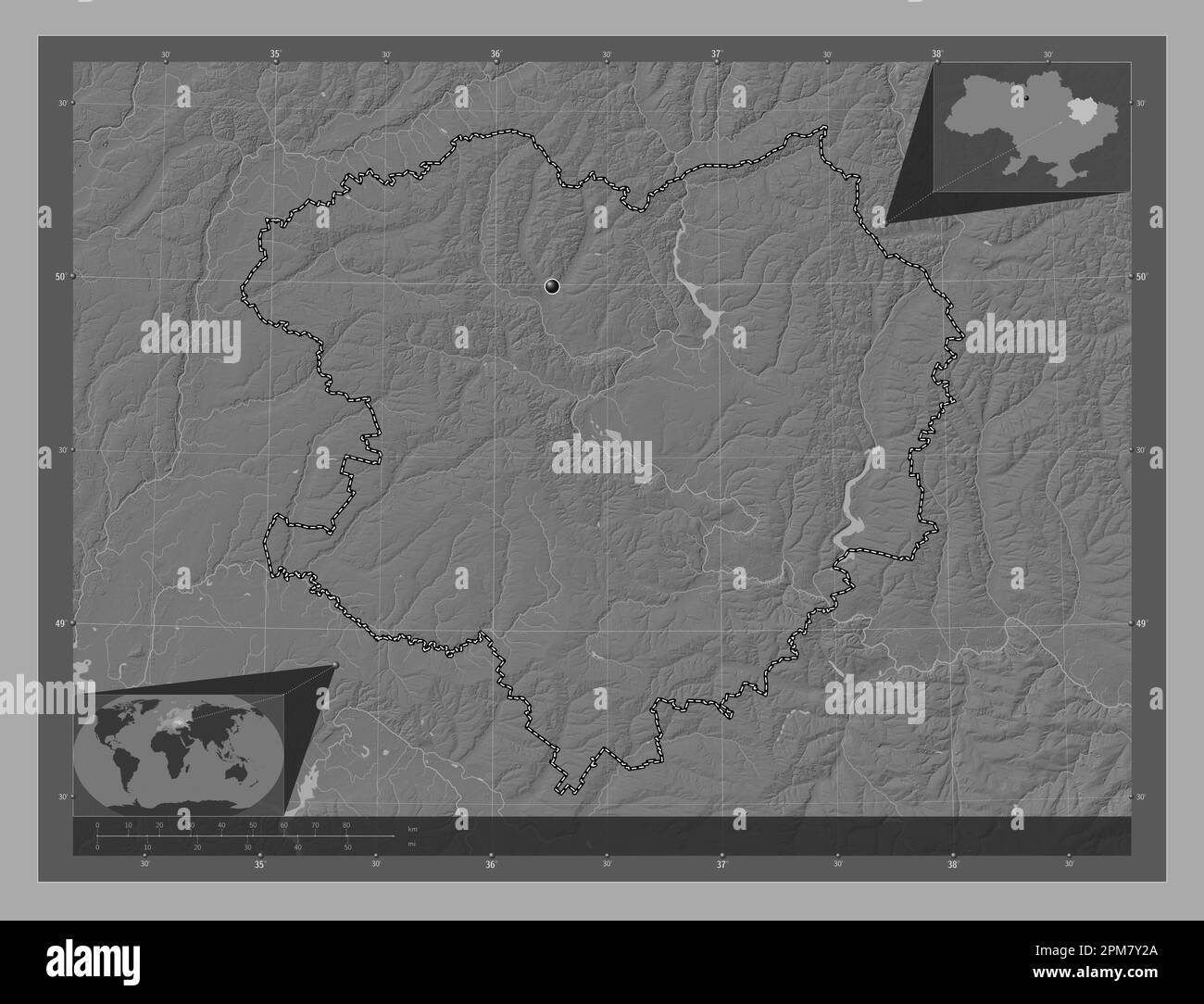 Kharkiv, region of Ukraine. Bilevel elevation map with lakes and rivers ...