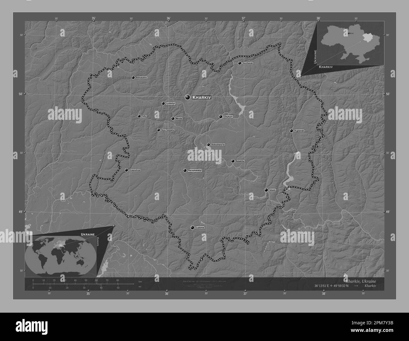 Kharkiv, region of Ukraine. Bilevel elevation map with lakes and rivers ...