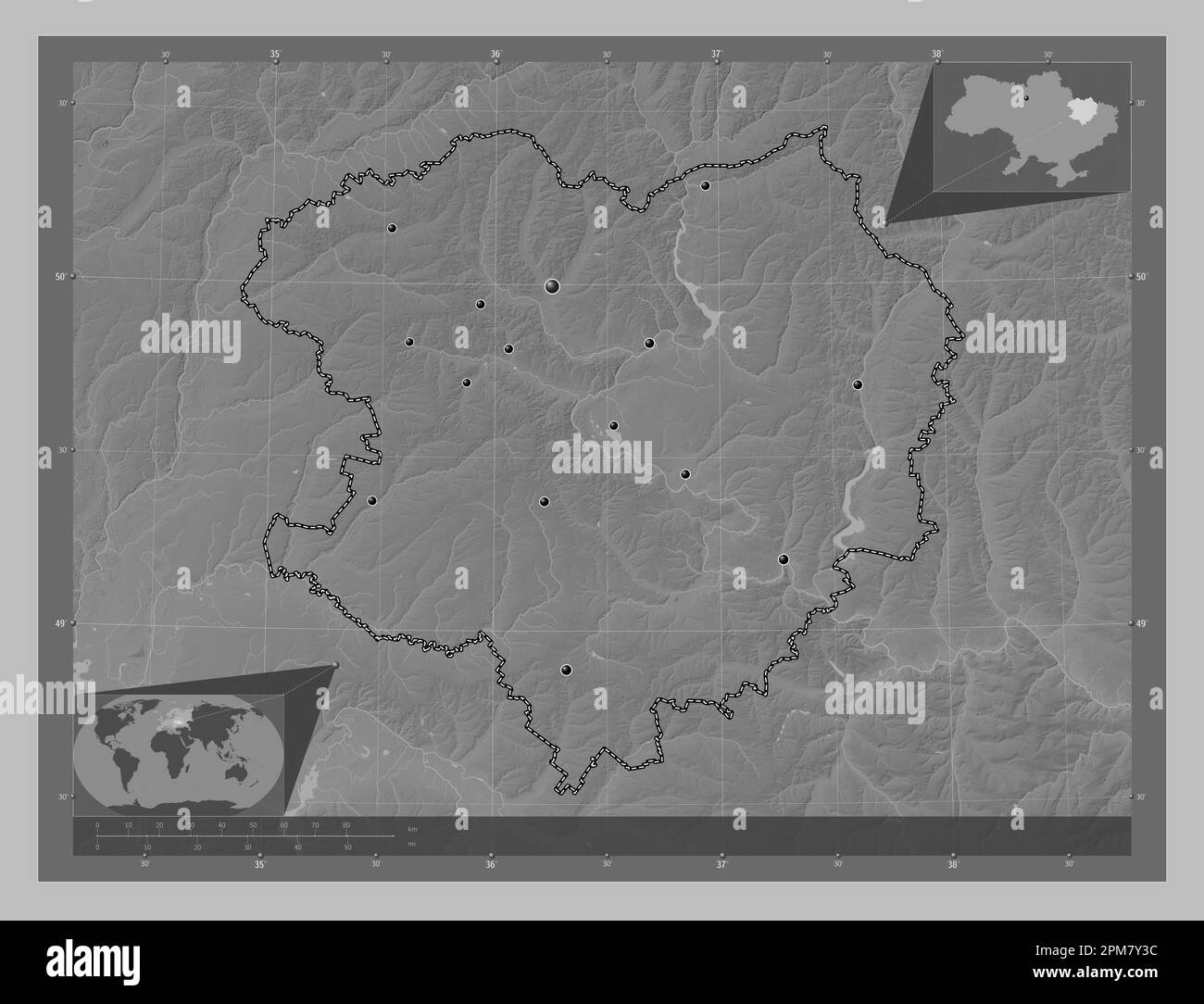 Kharkiv, region of Ukraine. Grayscale elevation map with lakes and ...
