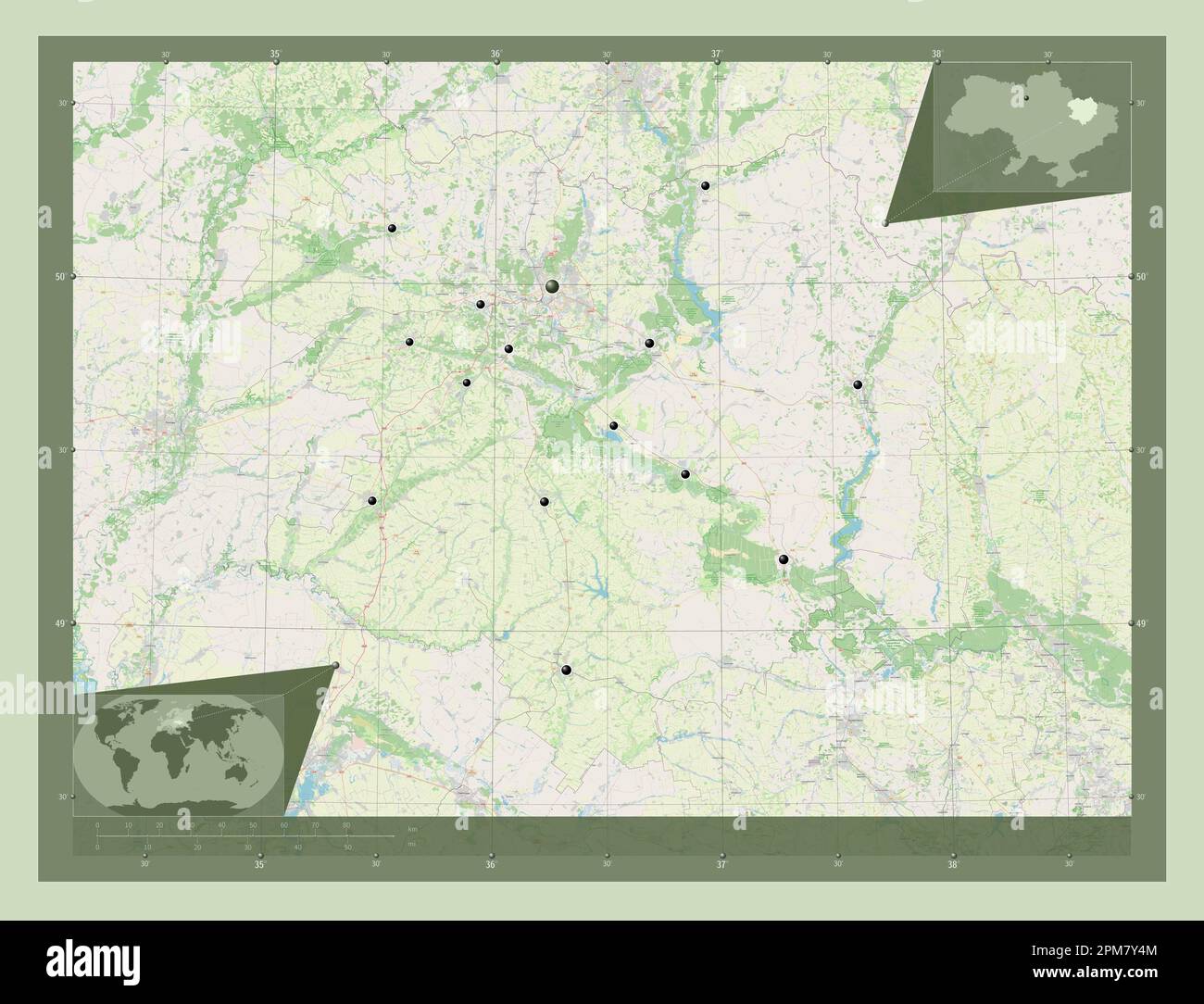 Kharkiv, region of Ukraine. Open Street Map. Locations of major cities ...