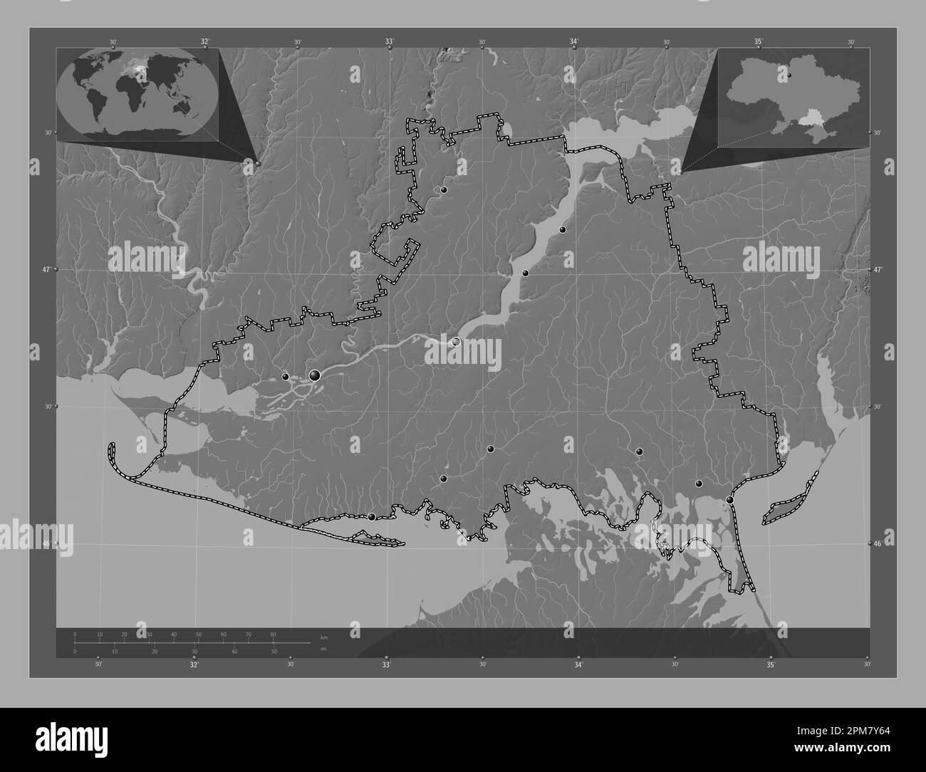 Kherson, region of Ukraine. Bilevel elevation map with lakes and rivers ...