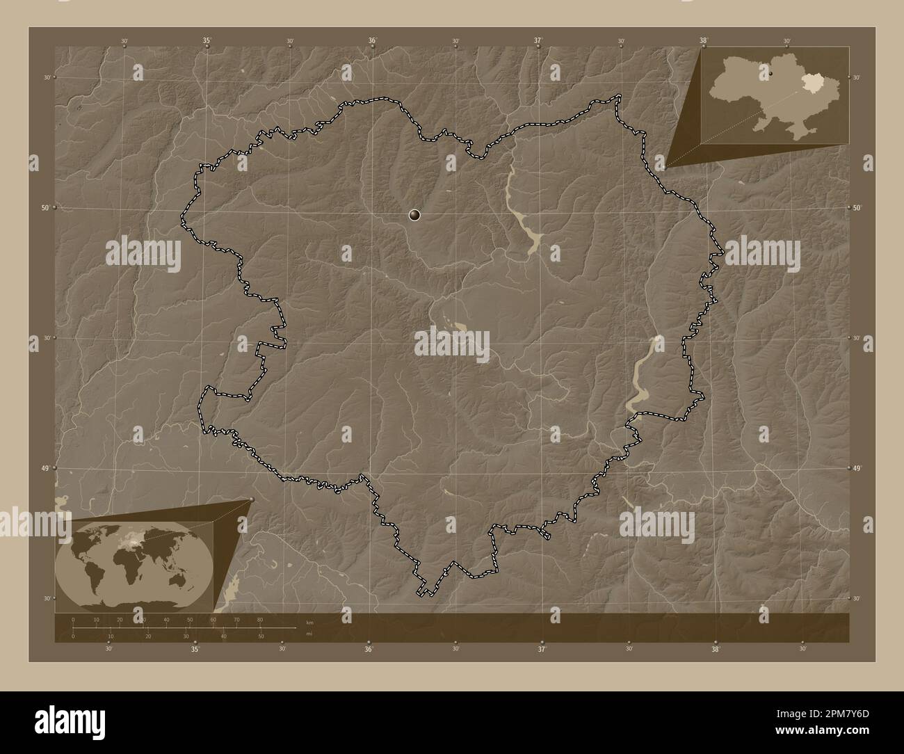 Kharkiv, region of Ukraine. Elevation map colored in sepia tones with ...