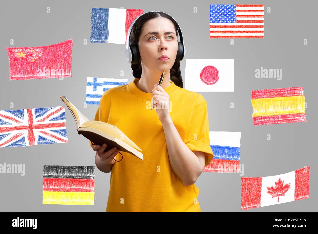 Learning of foreign language. Portrait of thoughtful caucasian young ...