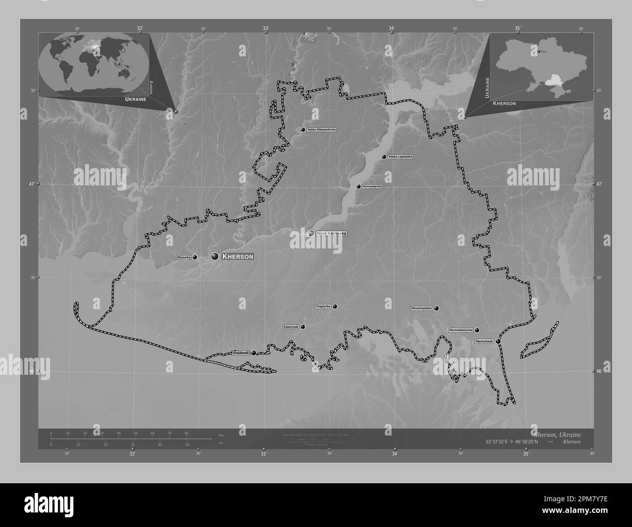 Kherson, region of Ukraine. Grayscale elevation map with lakes and ...