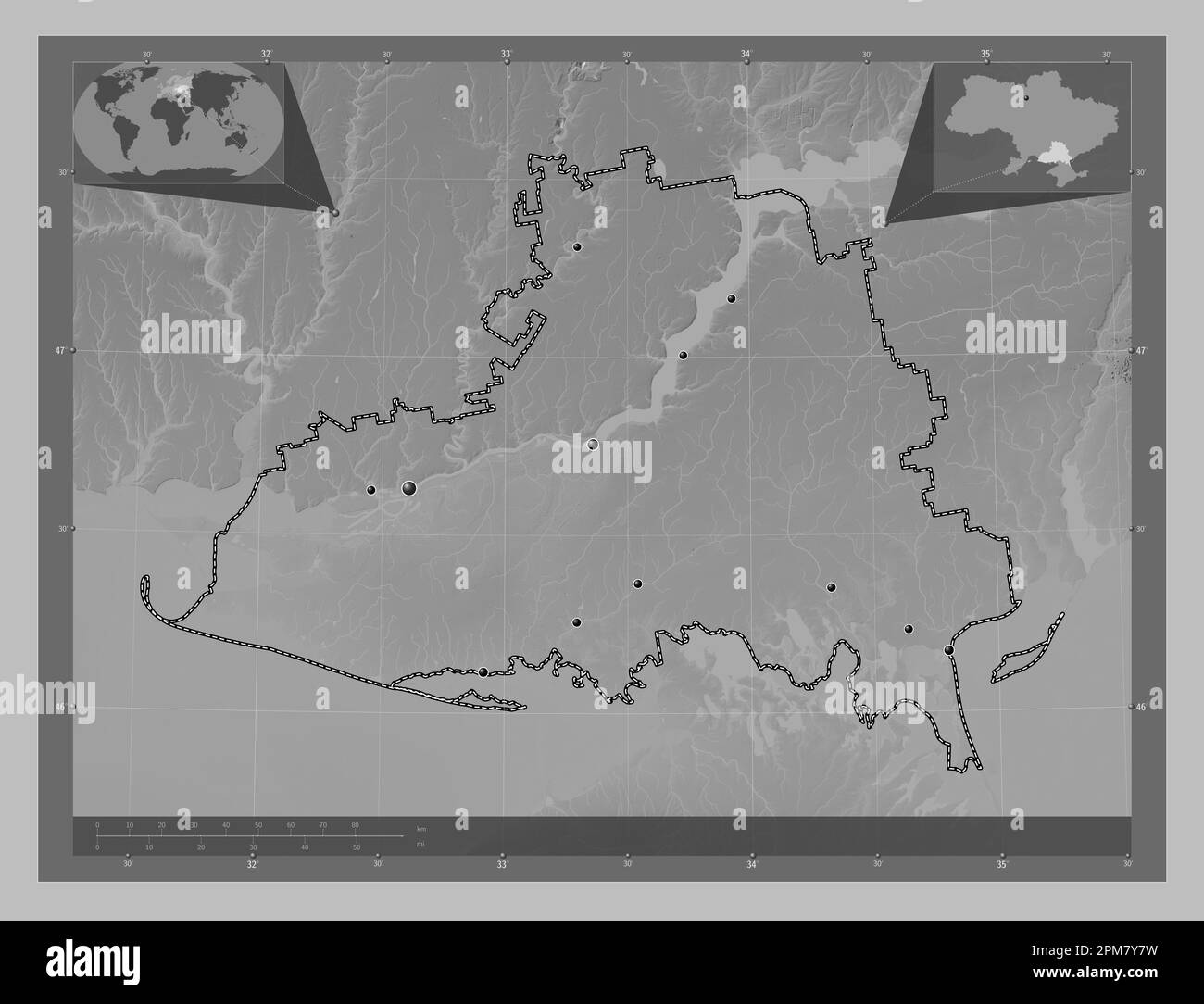 Kherson, region of Ukraine. Grayscale elevation map with lakes and ...