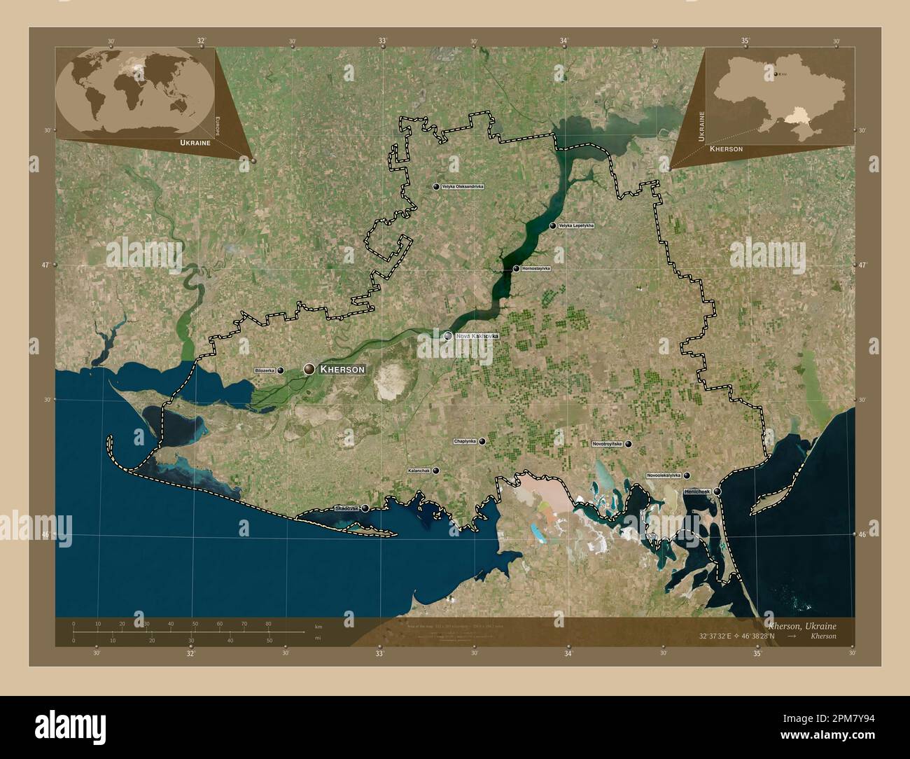Kherson, region of Ukraine. Low resolution satellite map. Locations and ...