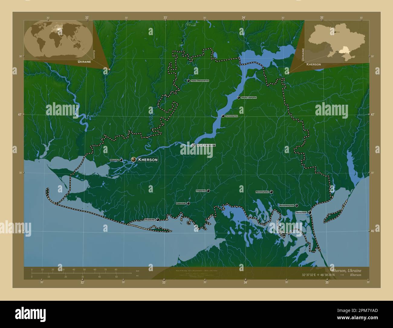 Kherson, region of Ukraine. Colored elevation map with lakes and rivers ...