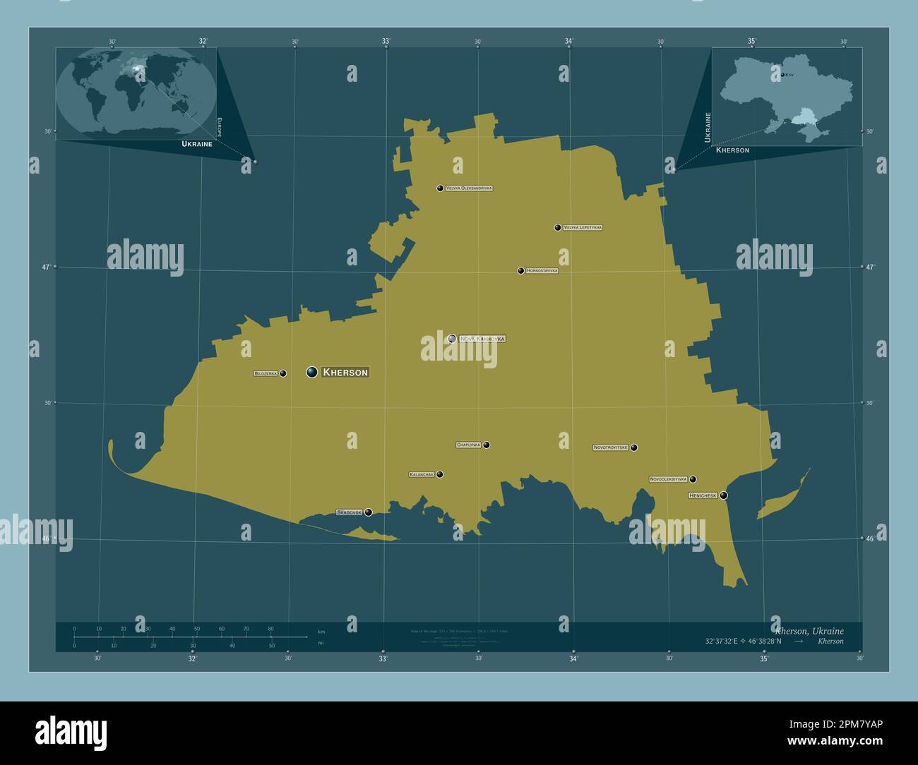 Kherson, region of Ukraine. Solid color shape. Locations and names of ...