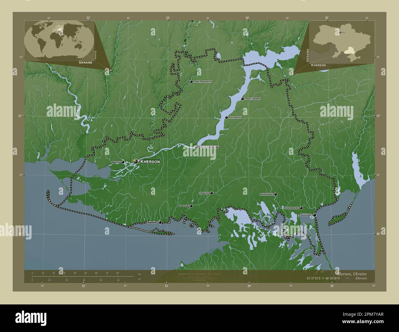 Kherson, region of Ukraine. Elevation map colored in wiki style with ...