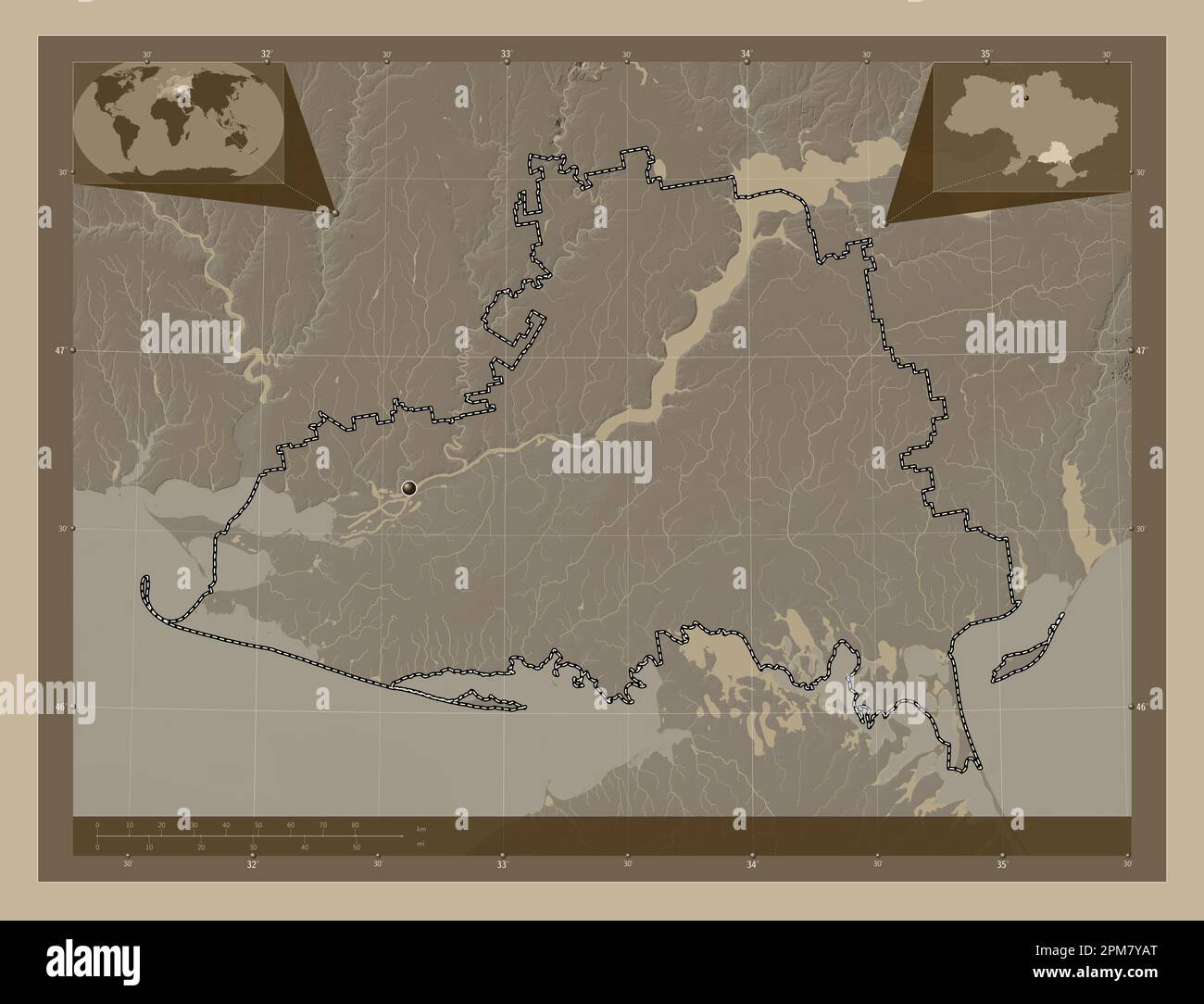 Kherson, region of Ukraine. Elevation map colored in sepia tones with ...