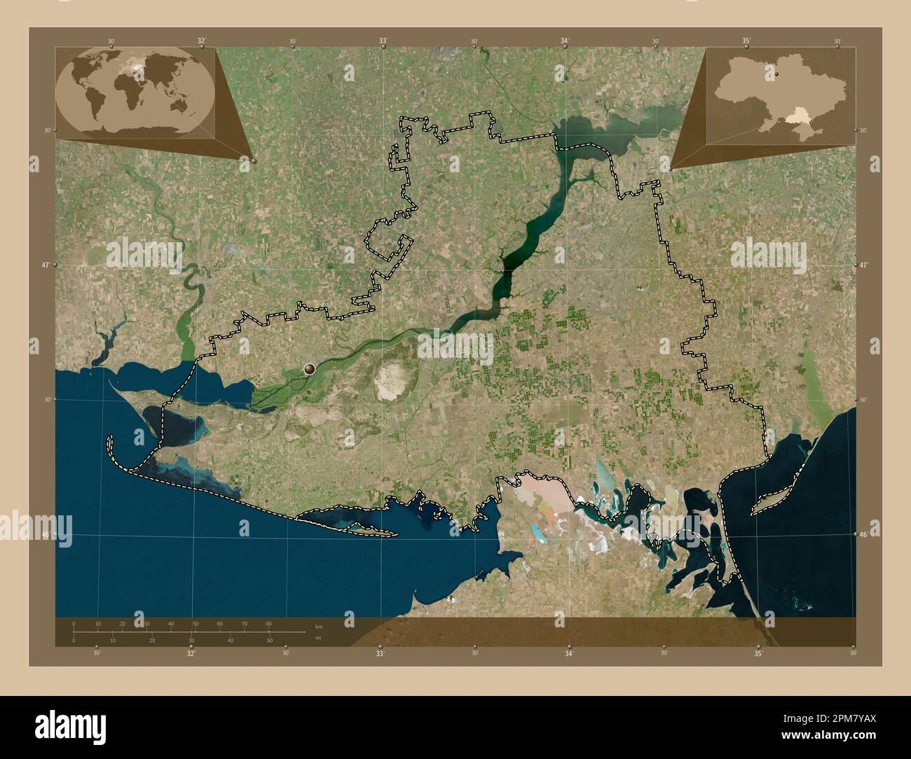 Kherson, region of Ukraine. Low resolution satellite map. Corner ...