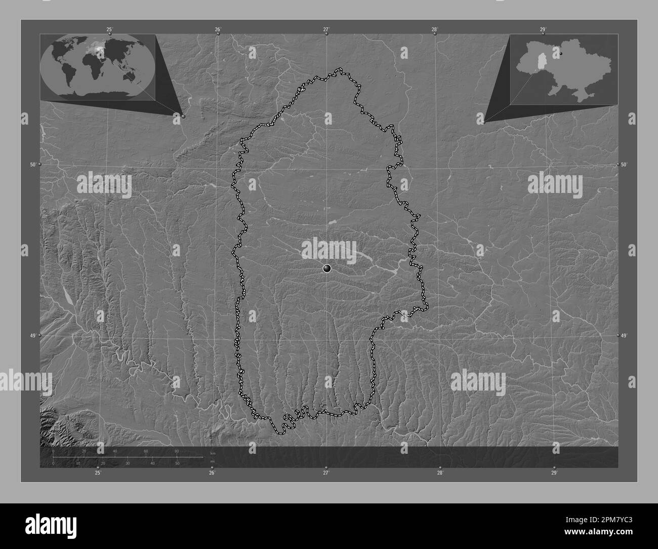 Khmel'nyts'kyy, region of Ukraine. Bilevel elevation map with lakes and ...