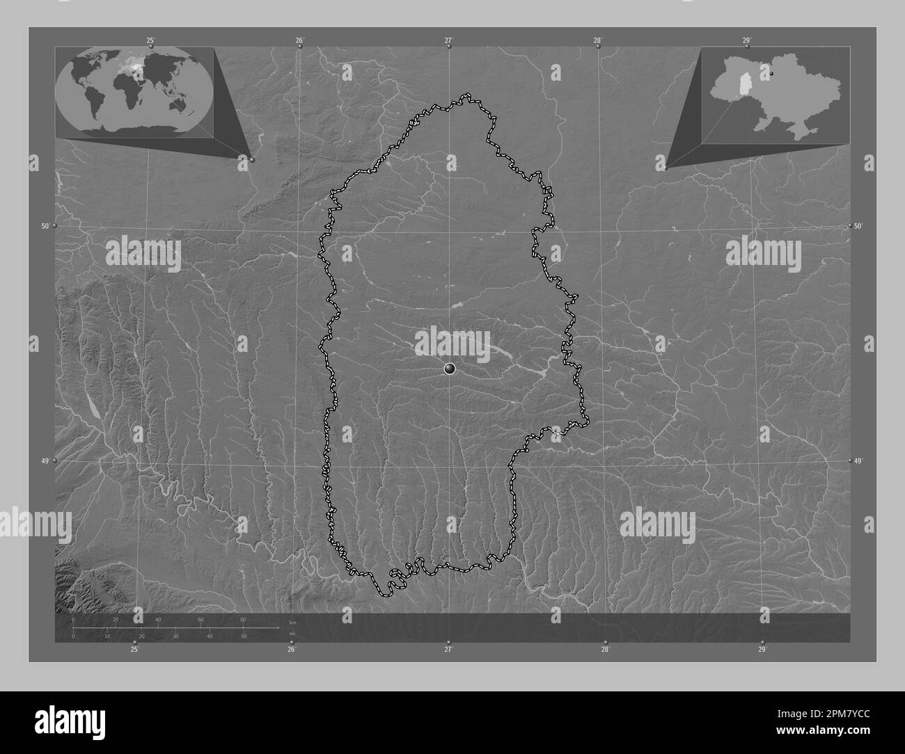 Khmel'nyts'kyy, region of Ukraine. Grayscale elevation map with lakes ...