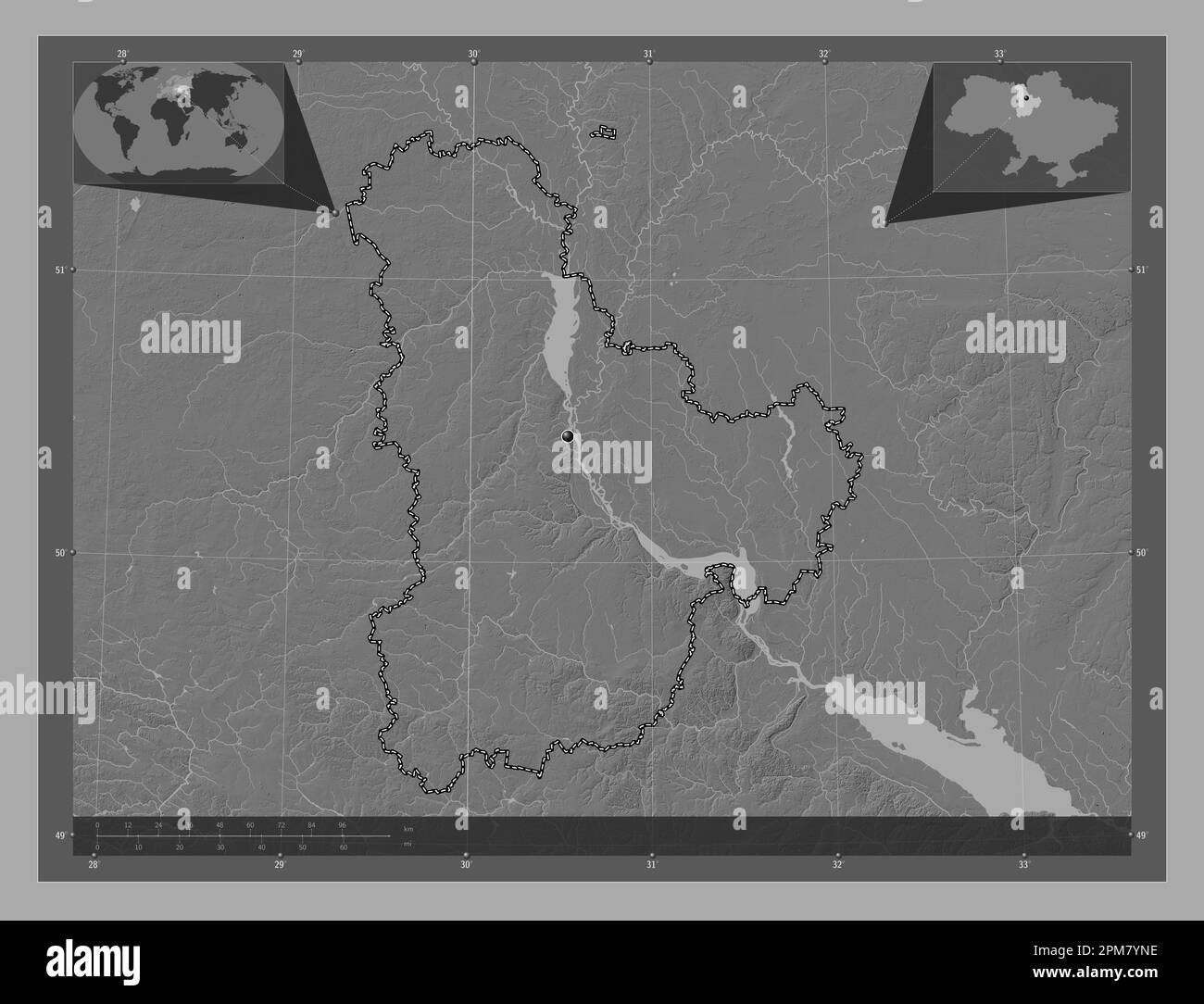 Kiev, region of Ukraine. Bilevel elevation map with lakes and rivers ...
