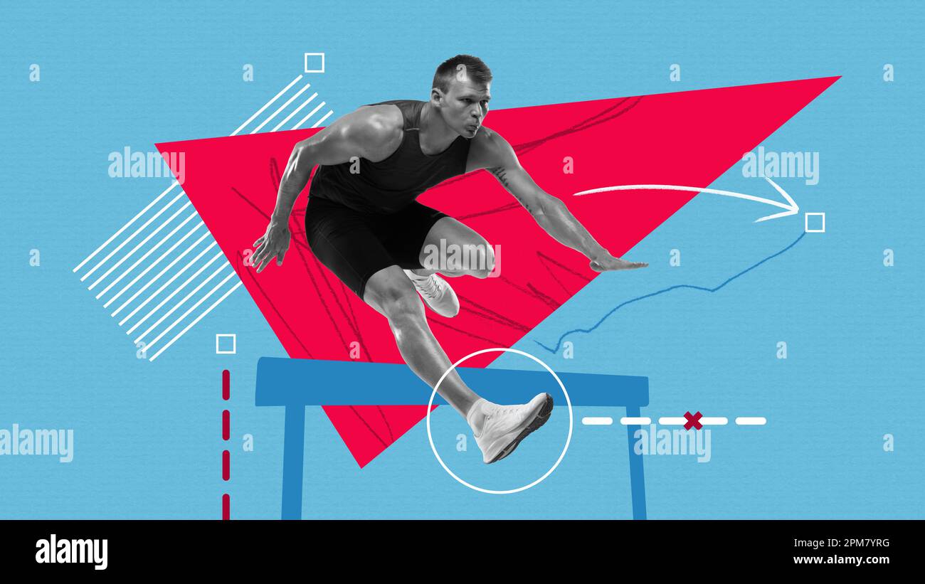 Professional male athlete, runner jumping over obstacle on blue ...