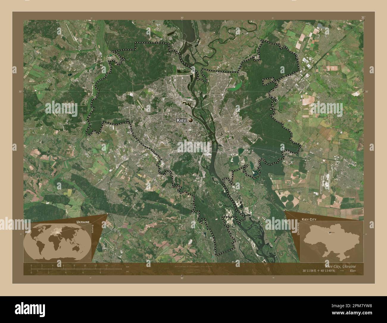 Kiev City, independent city of Ukraine. Low resolution satellite map ...