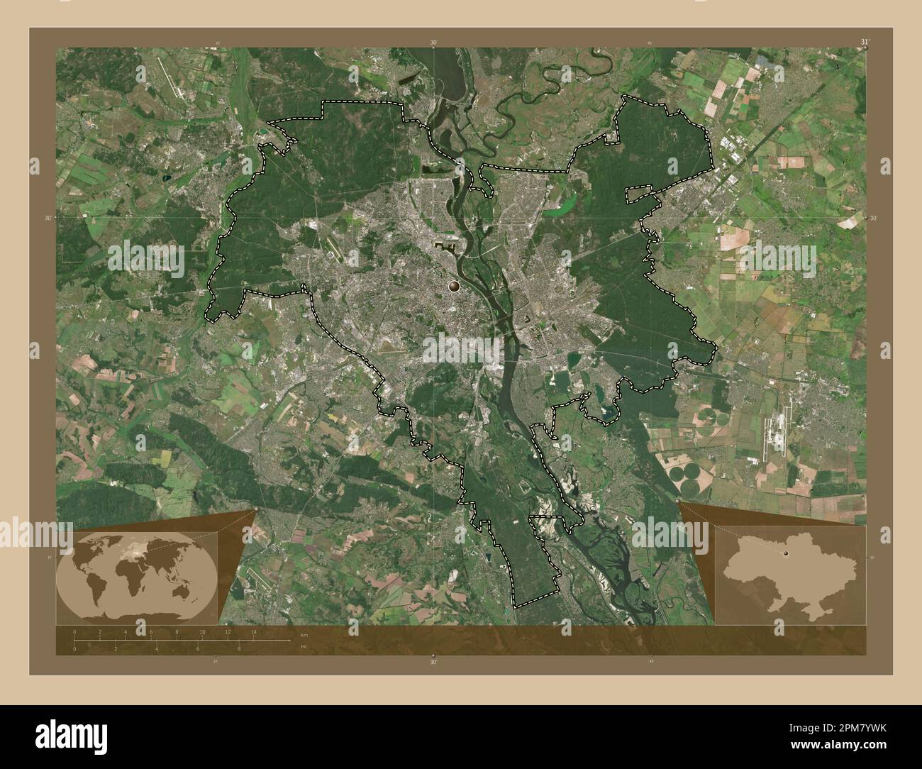 Kiev City, independent city of Ukraine. Low resolution satellite map ...
