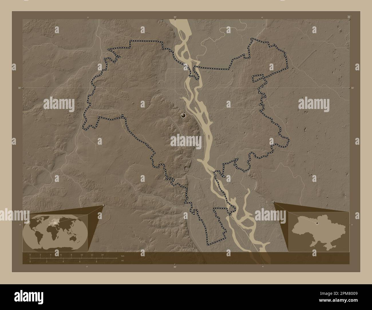 Kiev City, independent city of Ukraine. Elevation map colored in sepia ...