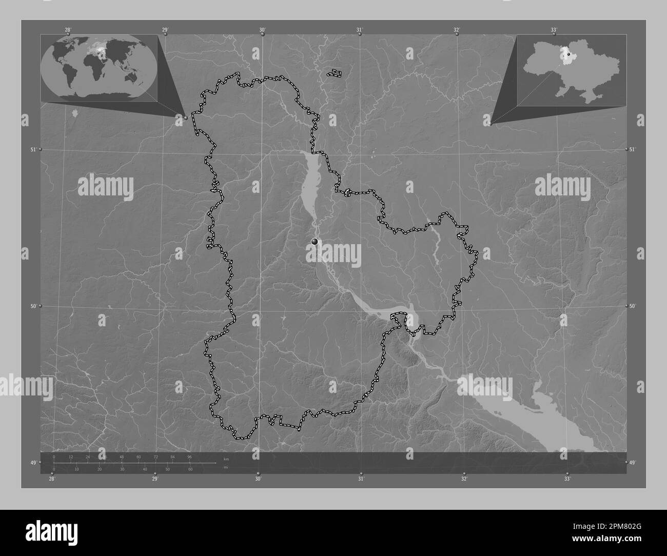 Kiev, region of Ukraine. Grayscale elevation map with lakes and rivers ...