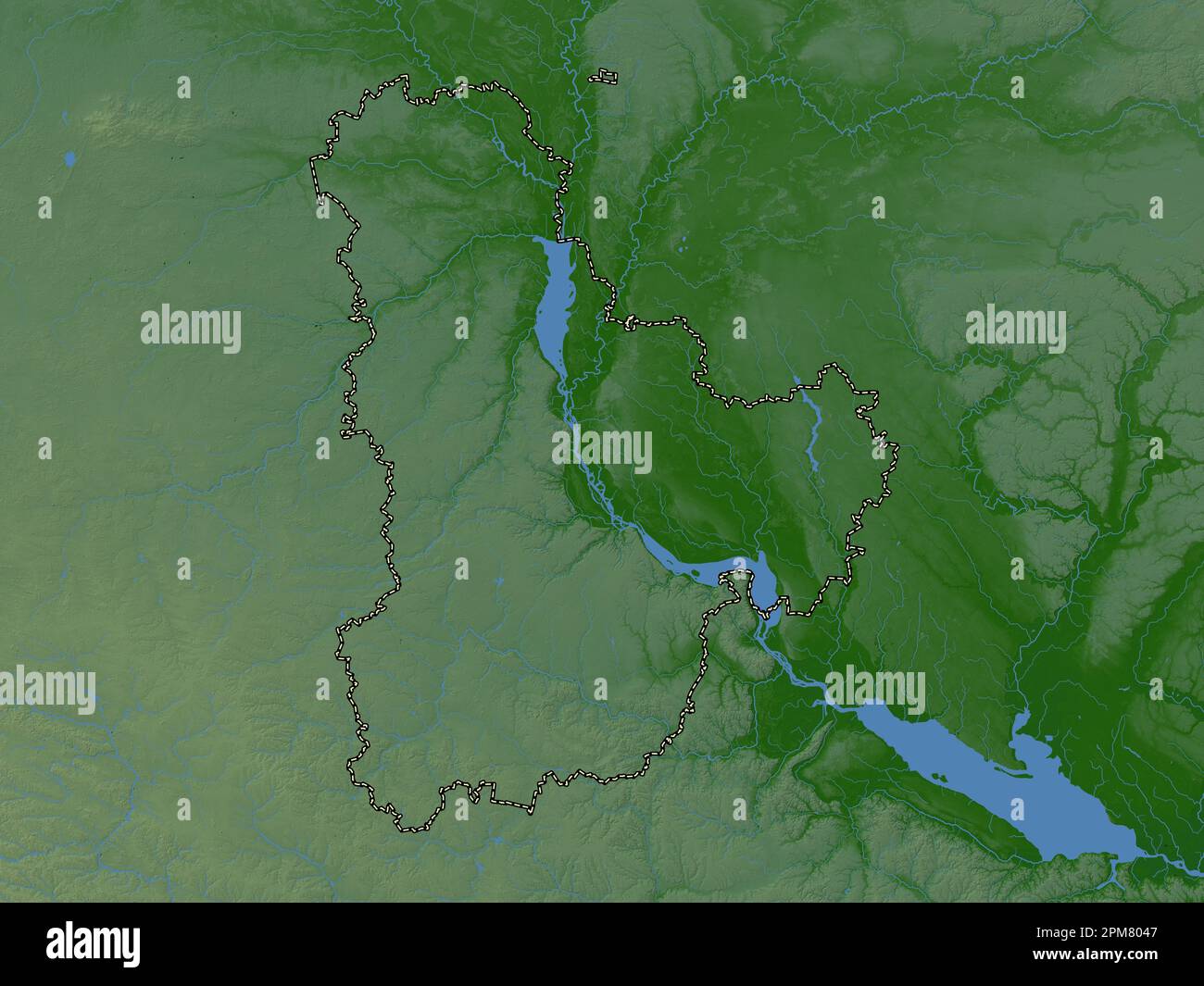 Kiev, region of Ukraine. Colored elevation map with lakes and rivers ...