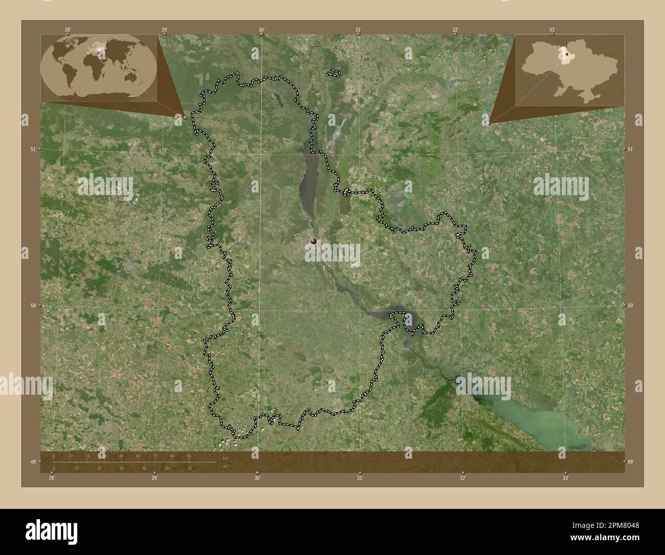Kiev, region of Ukraine. Low resolution satellite map. Corner auxiliary ...