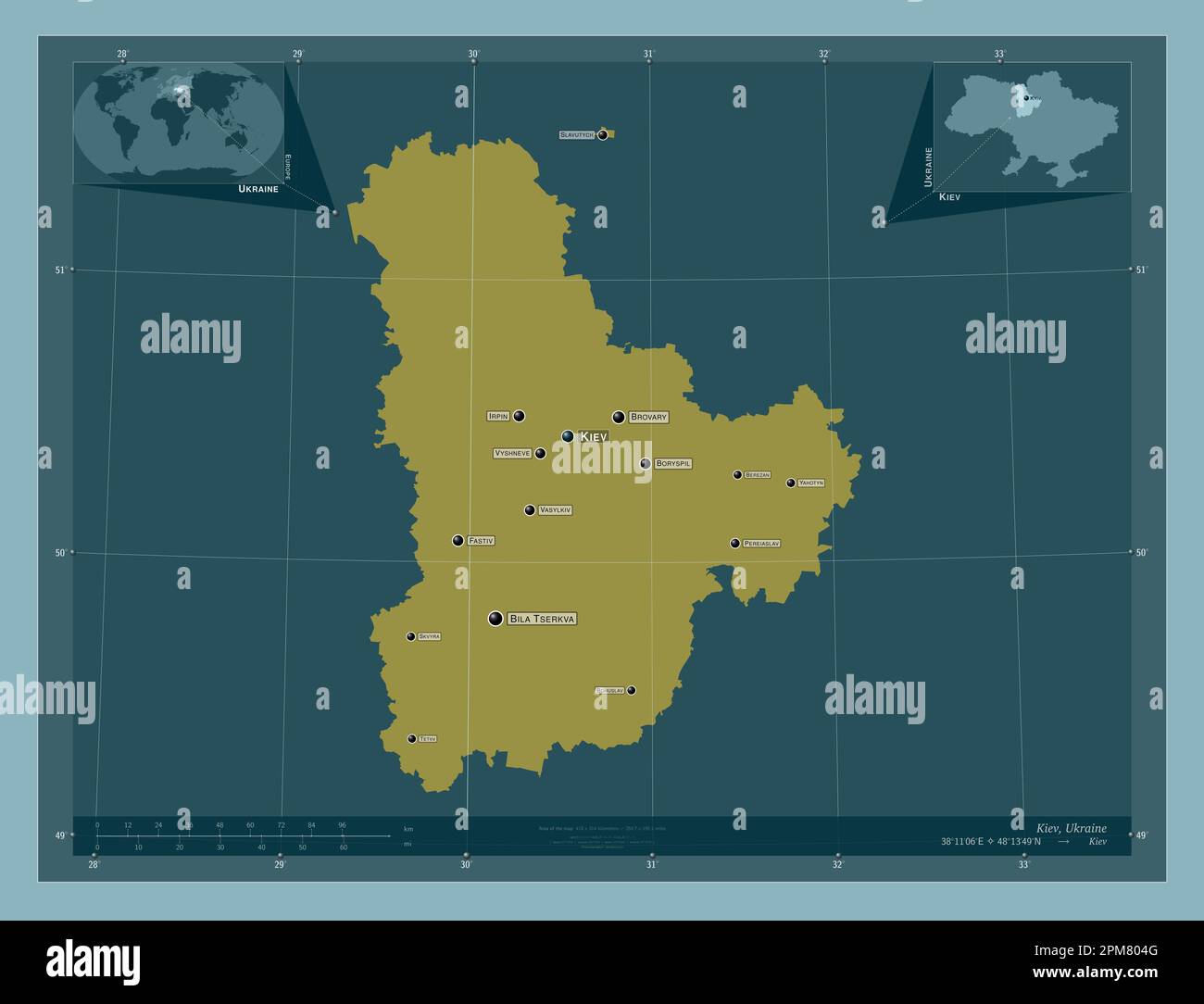 Kiev, region of Ukraine. Solid color shape. Locations and names of ...