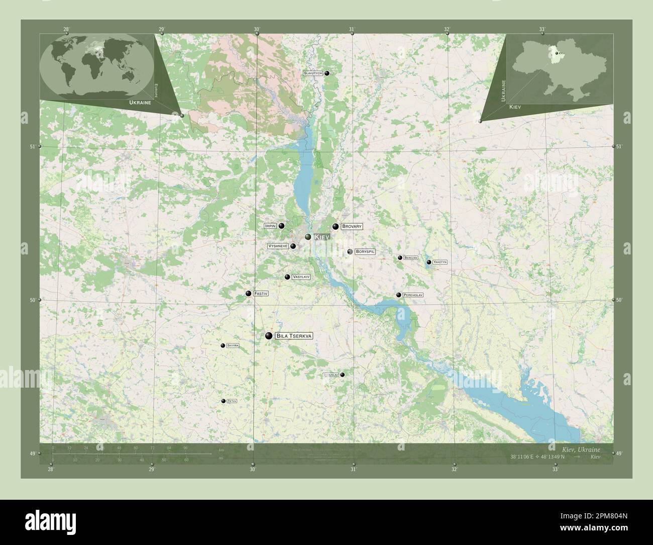 Kiev, region of Ukraine. Open Street Map. Locations and names of major ...