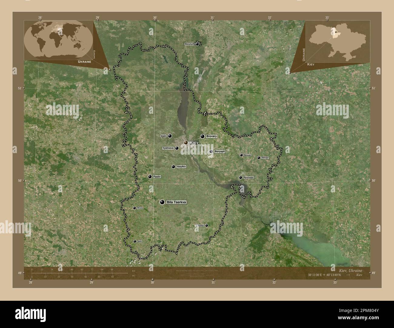 Kiev, region of Ukraine. Low resolution satellite map. Locations and ...