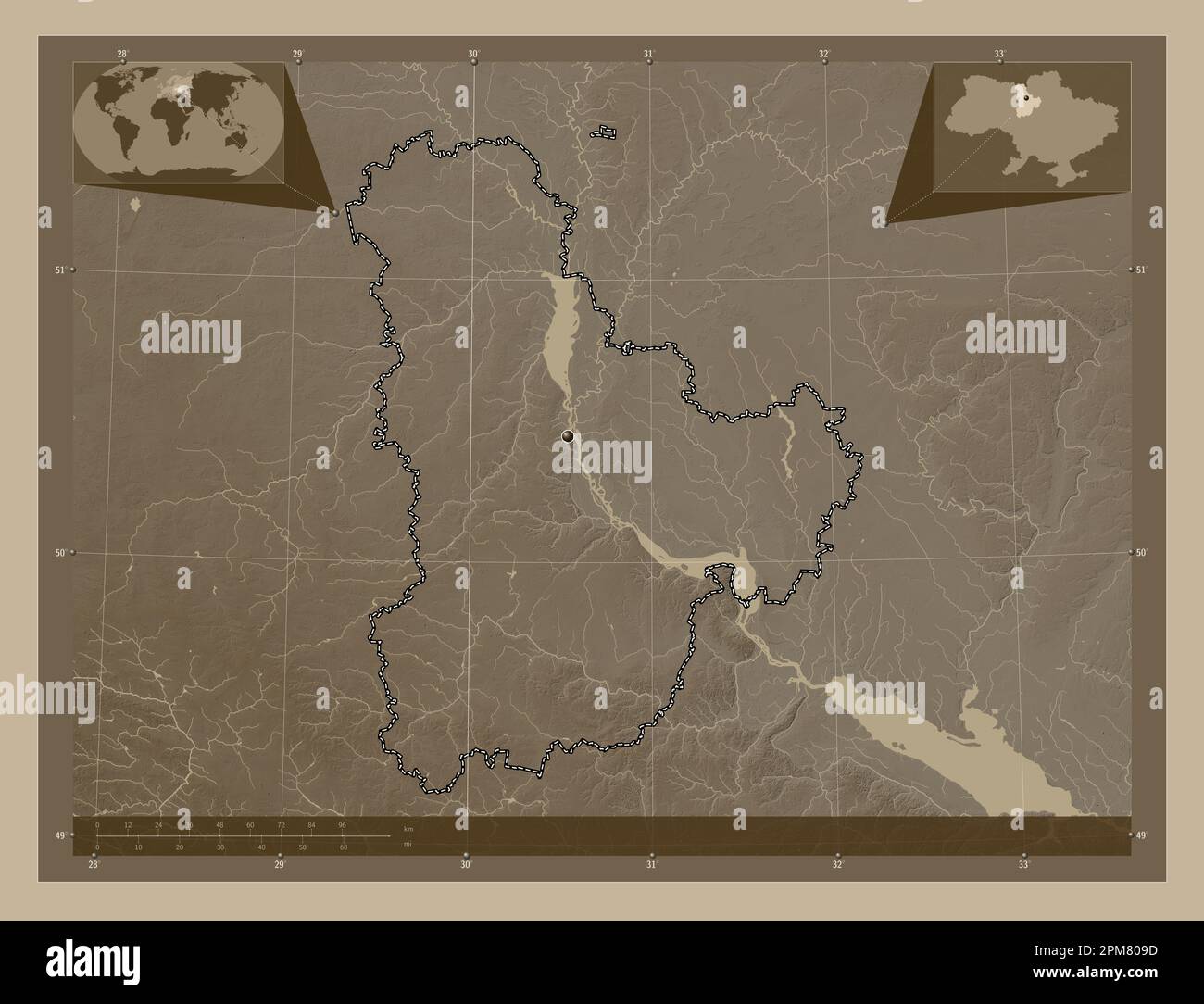 Kiev, region of Ukraine. Elevation map colored in sepia tones with ...