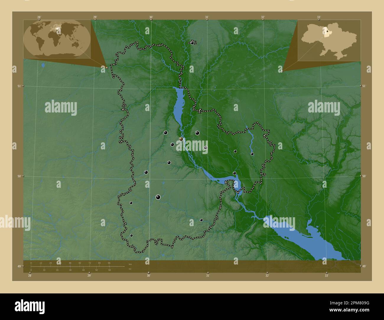 Kiev, region of Ukraine. Colored elevation map with lakes and rivers ...