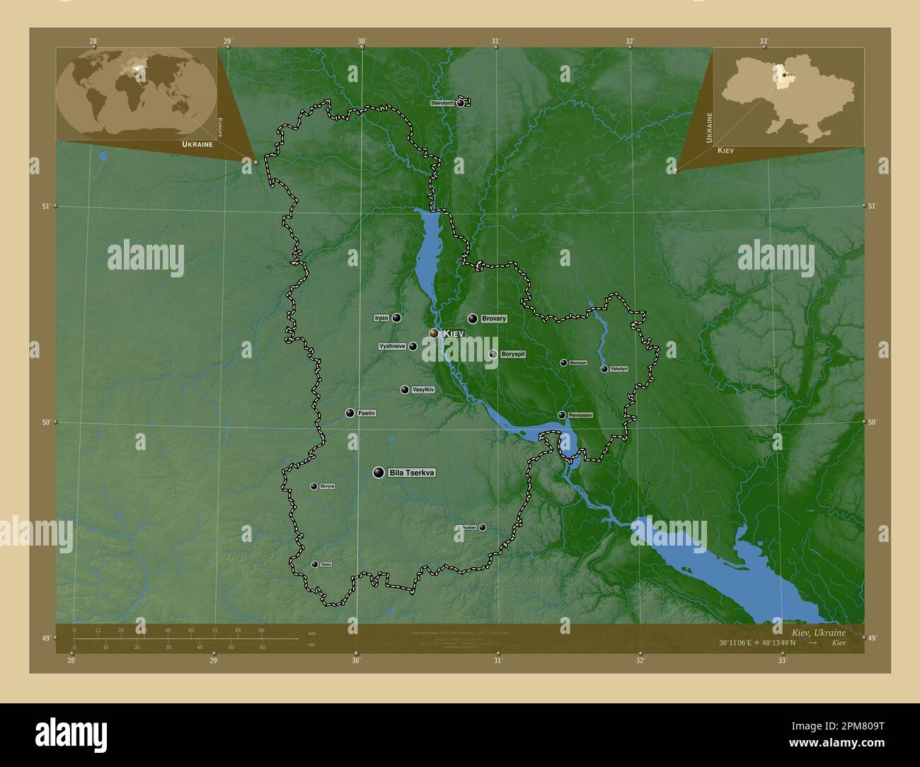 Kiev, region of Ukraine. Colored elevation map with lakes and rivers ...