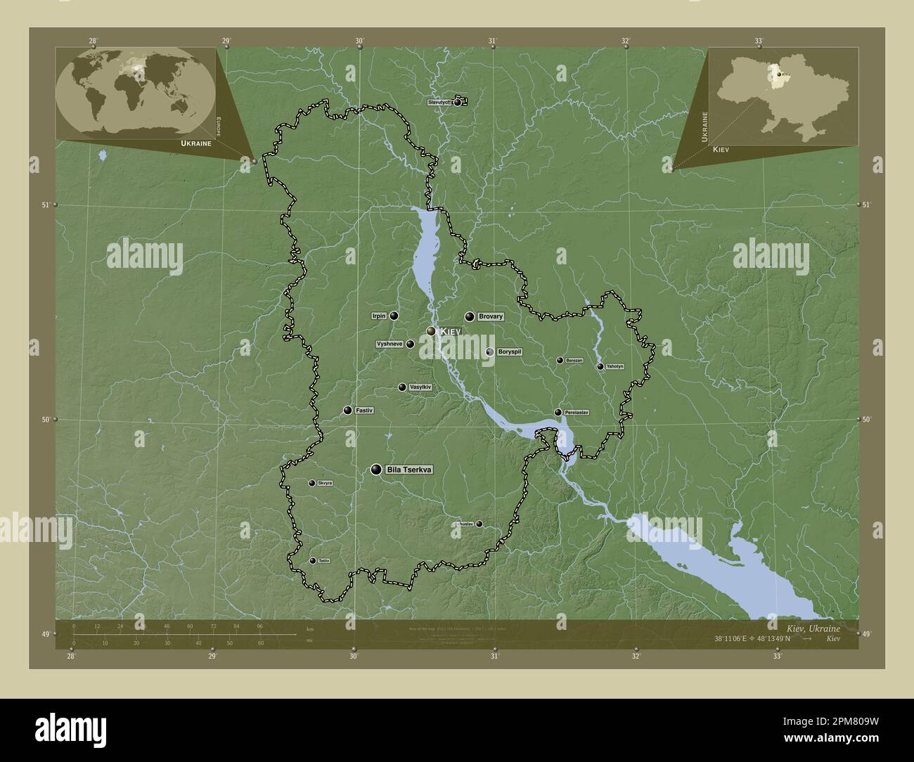 Kiev, region of Ukraine. Elevation map colored in wiki style with lakes ...